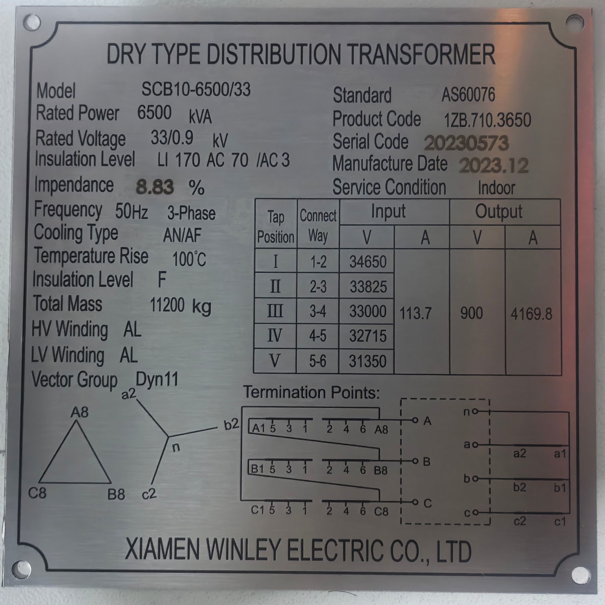 6500K Three Phase Dry Type Transformer Cast Coil Step Up Transformer 33KV
