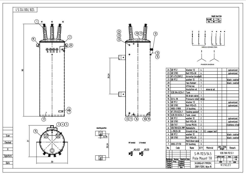 112.5Kva Three Phase Pole Mounted Distribution Transformer 3P ANSI/IEEE ...