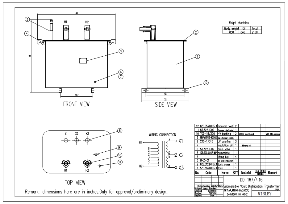 167KVA Single Phase Submersible Distribution Transformer 4160V To 240V ...