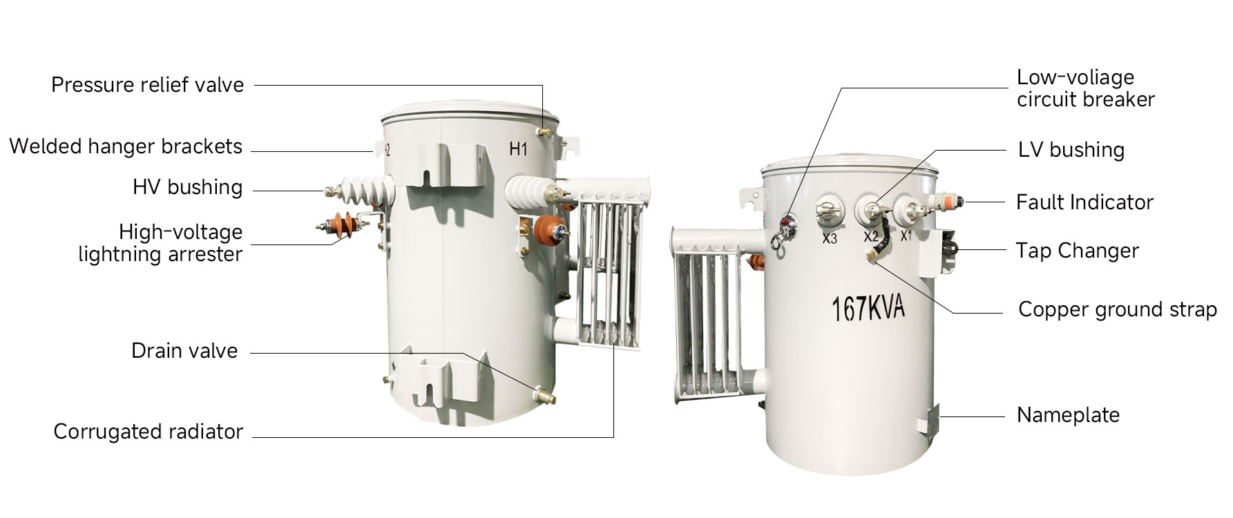 167kva Single Phase Pole Mounted Transformer CSP Type oil immersed ...