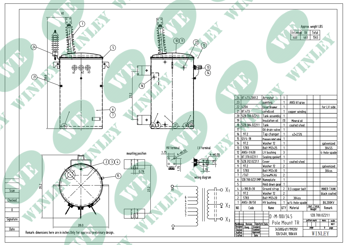 100kVA Single Phase Pole Mounted Transformer 34500Y/19920V To 120/240V ...